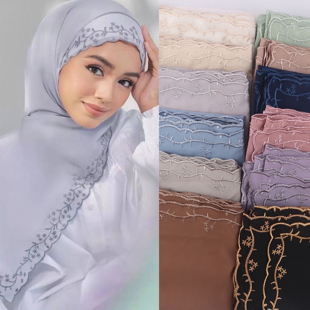4 EDGE EMBROIDERY SHAWL SULAM CHIFFON KUNTUM // CHIFOON SHAWL SULAM ...
