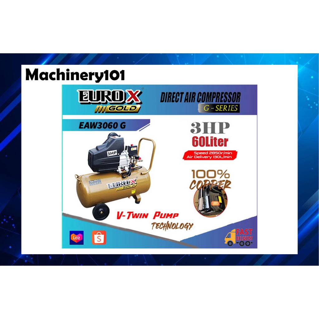 EUROX GOLD EAW3060G 3HP 60L Direct Drive Air Compressor/EUROX EAW5062G OILESS AIR COMPRESSOR ...