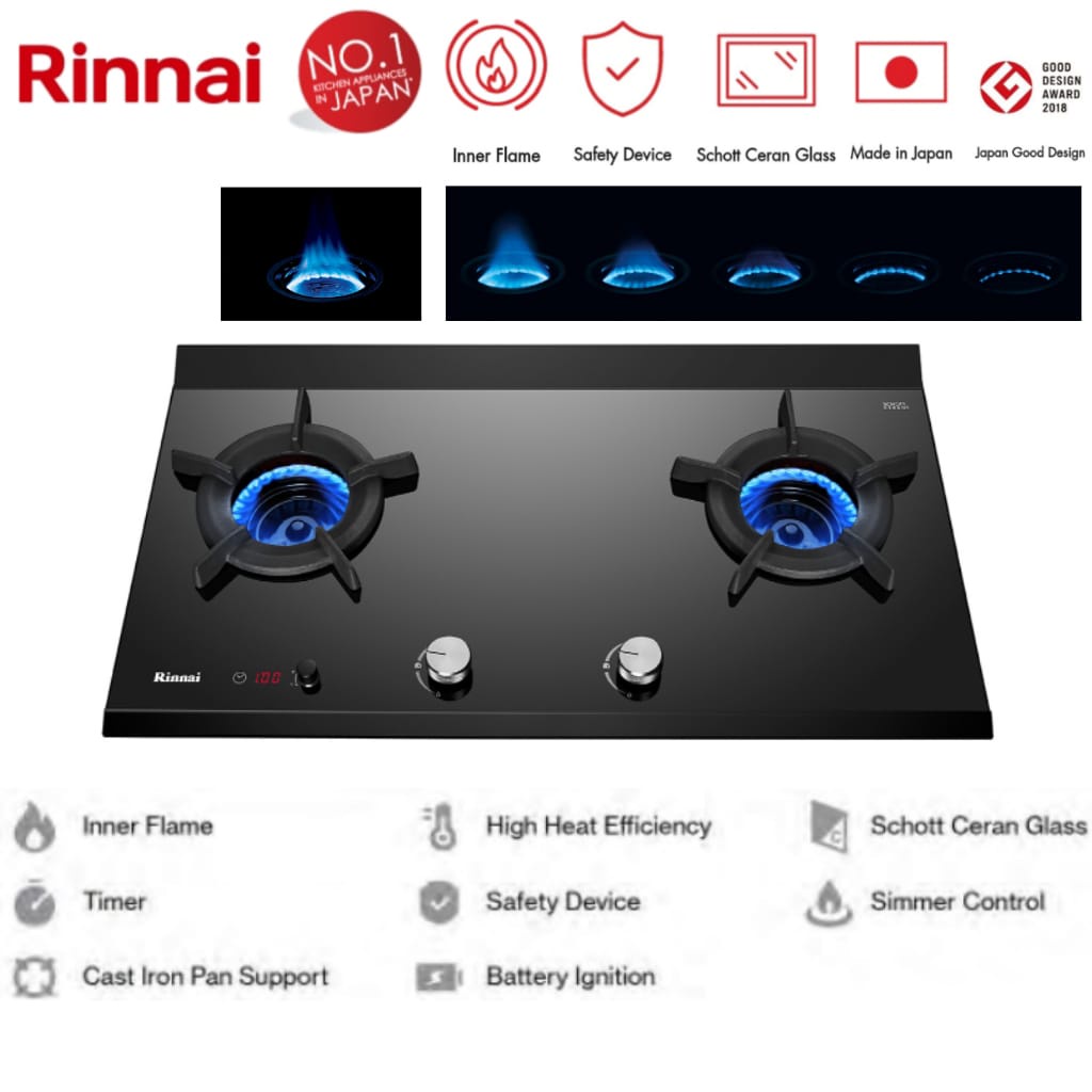 RINNAI 2 Inner Burner Built-in Gas Hob Schott Ceran Glass RB-2CGT Made In Japan | Shopee Malaysia