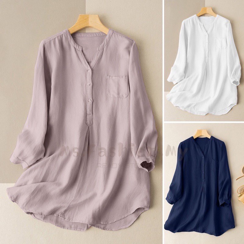 🌸Ready Stock🌸Women Cotton Long Blouse Long Sleeve Loose Baggy Casual V ...