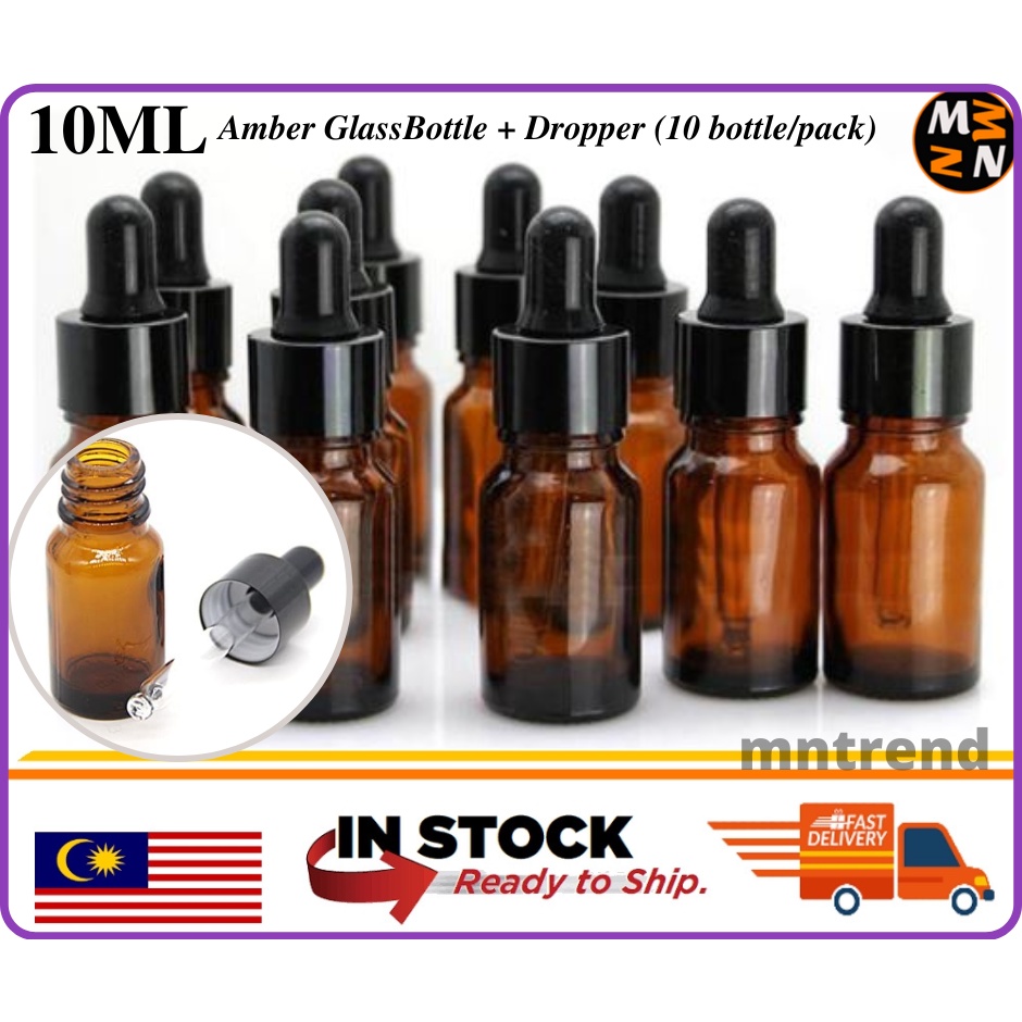 Amber Glass Dropper Bottle Storage Travel Botol 10ML (10 bottles/pack ...