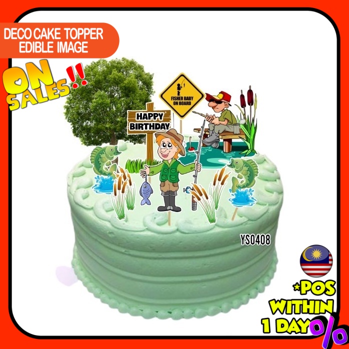 [CUSTOM NAME] Happy Birthday Cake Topper Fishing (Memancing) Decoration ...