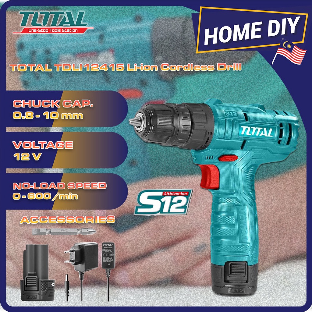 TOTAL TDLI12415 Li-ion Cordless Drill + Battery + Charger (S12 / 12V ...