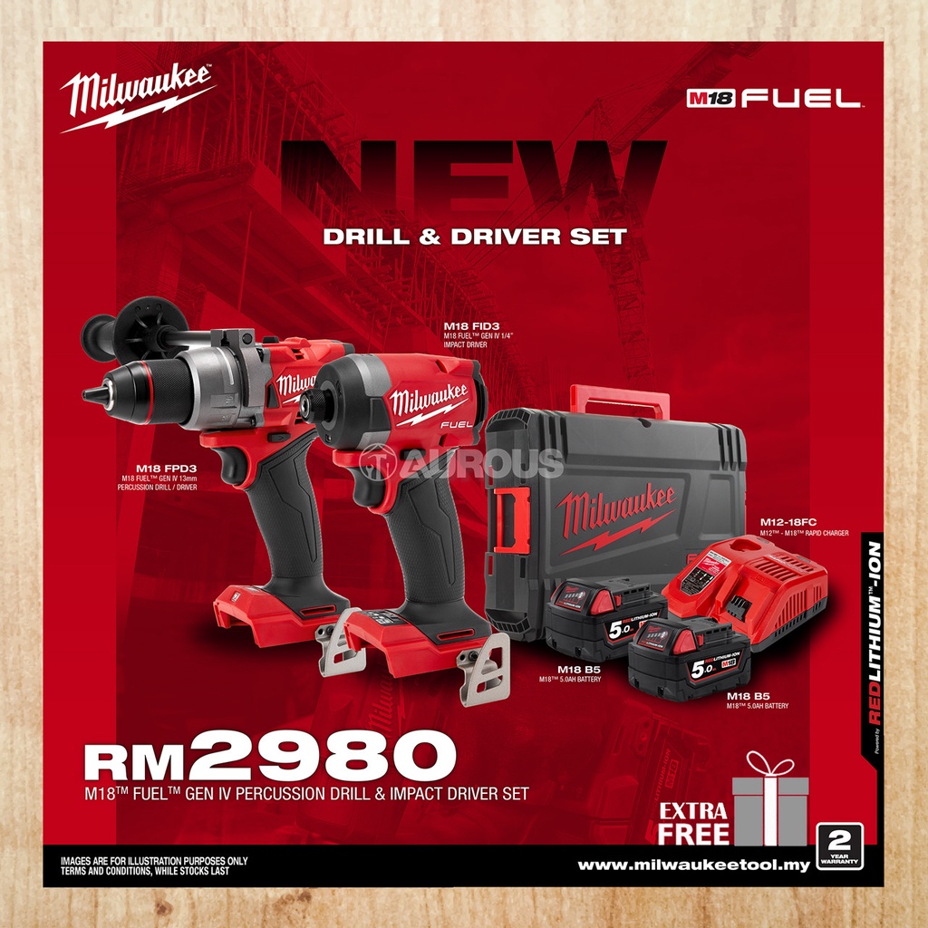 MILWAUKEE M18 FUEL GEN IV 13MM PERCUSSION DRILL & 1/4" HEX IMPACT ...