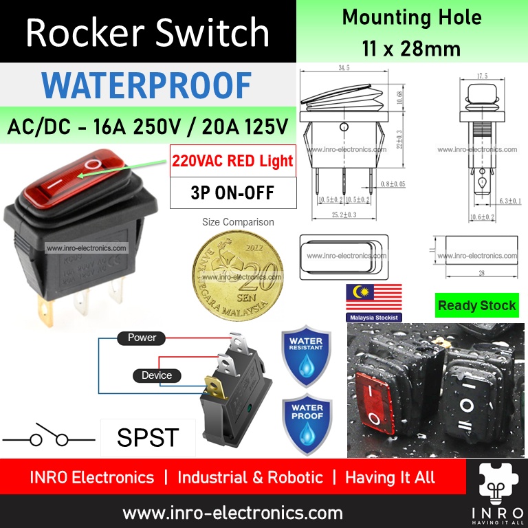 11x28mm Rectangle [AC DC] Waterproof 2 Pin / 3 Pin DPST DPDT KCD3 ...