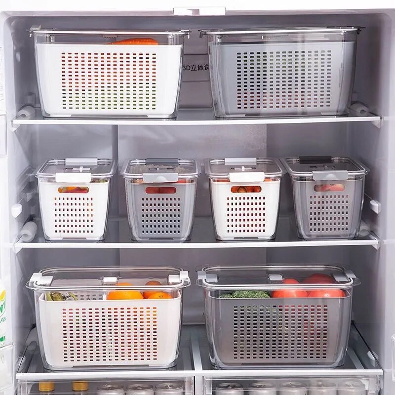 Large Plastic 2-Layer Refrigerator Food Storage Box with Drainage Holes ...