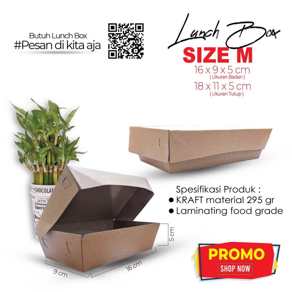 Brown Kraft Paper Lunch Box size M: 18 x 11 x 5 cm Lamination ...