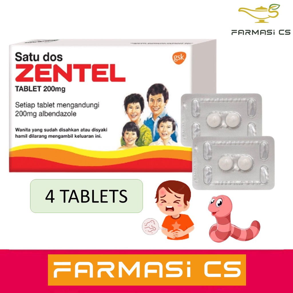 Zentel 200mg 4 tablets ( New Packing 2 Doses) [WORM INFESTATION] EXP:05 ...