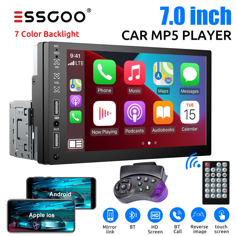 ESSGOO Single 1 Din Car Stereo Radio Carplay & Android Auto Vedio MP5 Player With Bluetooth FM ...
