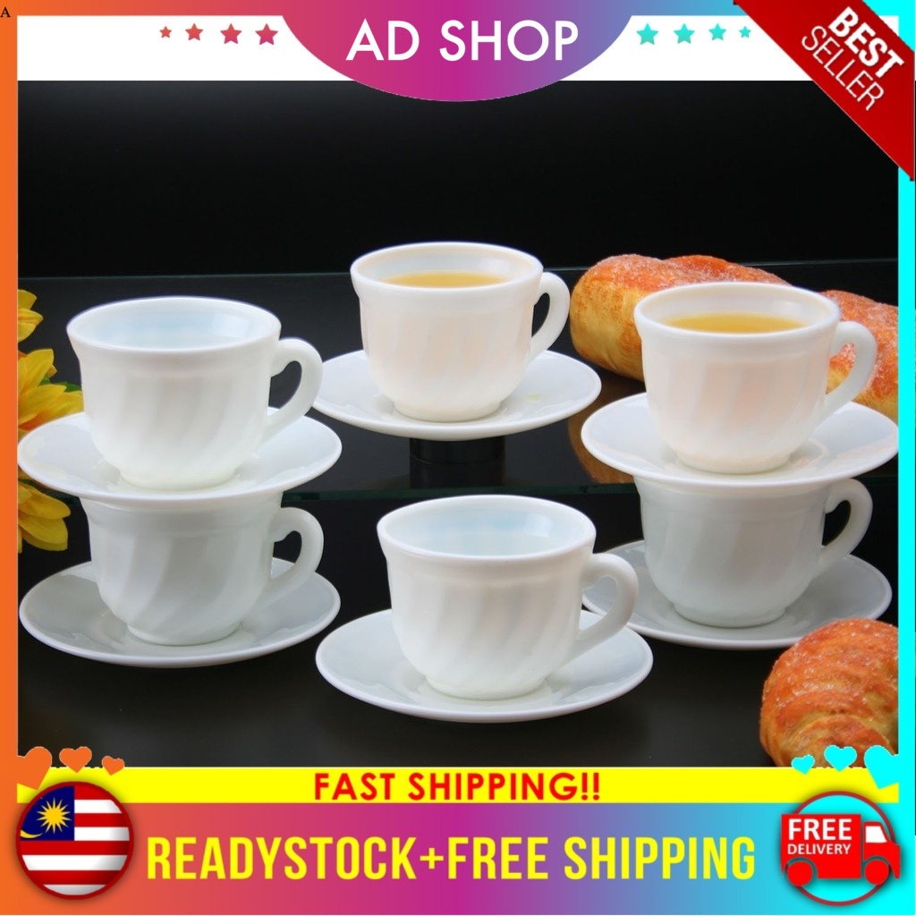 [AD SHOP] 6+6pcs Cup & Saucer Feston White Opal High Quality Heat ...