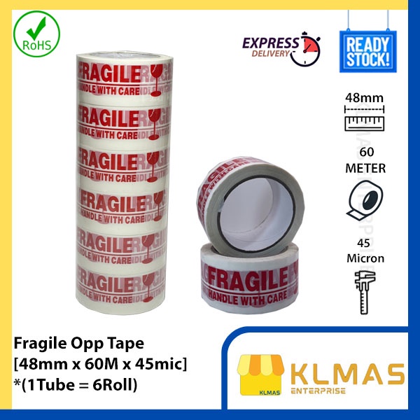 OPP Tape Fragile Tape [1 Tube] (42/45Mic x 48/72mm x 40/60/100M ...