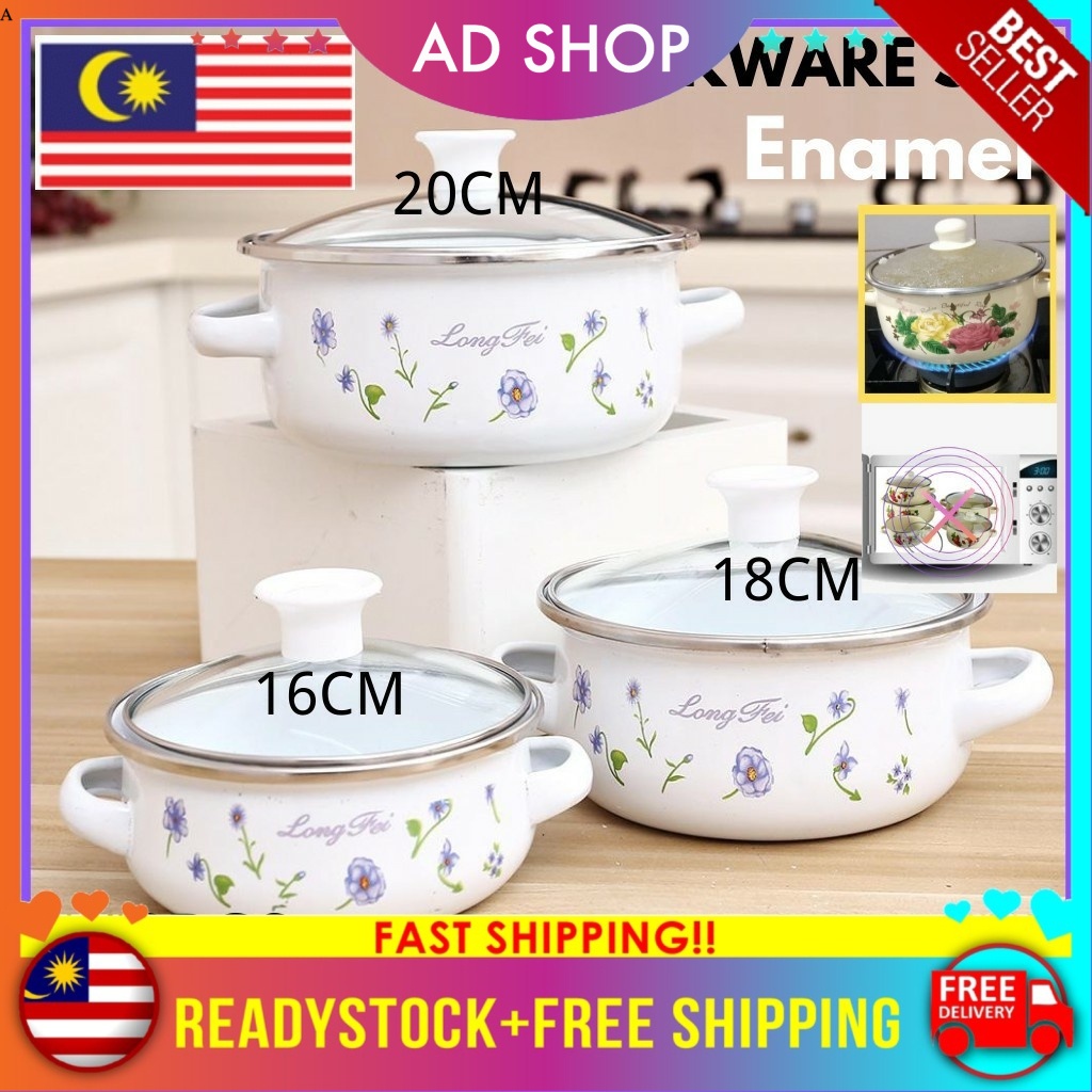 [AD SHOP] 3 in 1 Periuk Enamel Tudung Penutup Kaca Gift Set Cookware ...