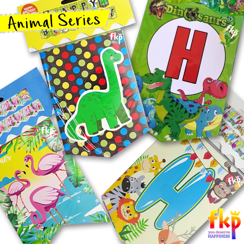 Fun KIDS PARTY Banner HBD Animal Series Jungle Dinosaur Flaminggo ...