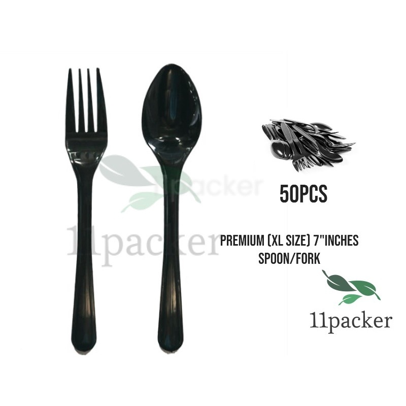 [50pcs] Premium 7" inches Disposable Plastic Spoon & Fork Black & Clear ...