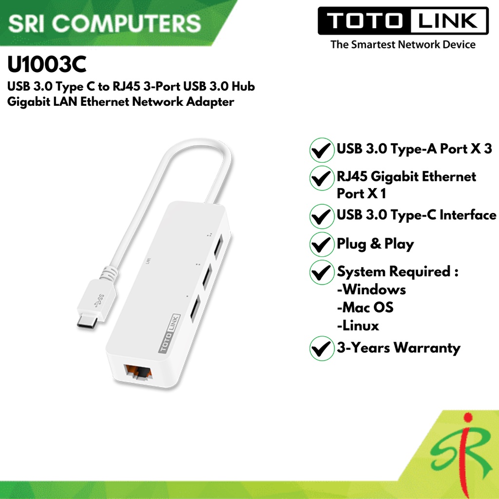 [3-YEARS WARRANTY] TOTOLINK U1003C USB 3.0 Type C to RJ45 3-Port USB 3.0 Hub Gigabit LAN ...