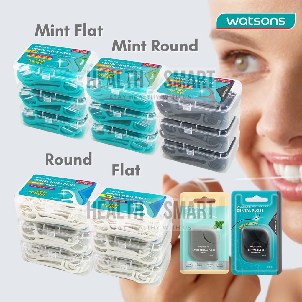 Watsons Mint Satin/ Dental Floss Picks/ Round Thread/ Mint Flat Dental ...