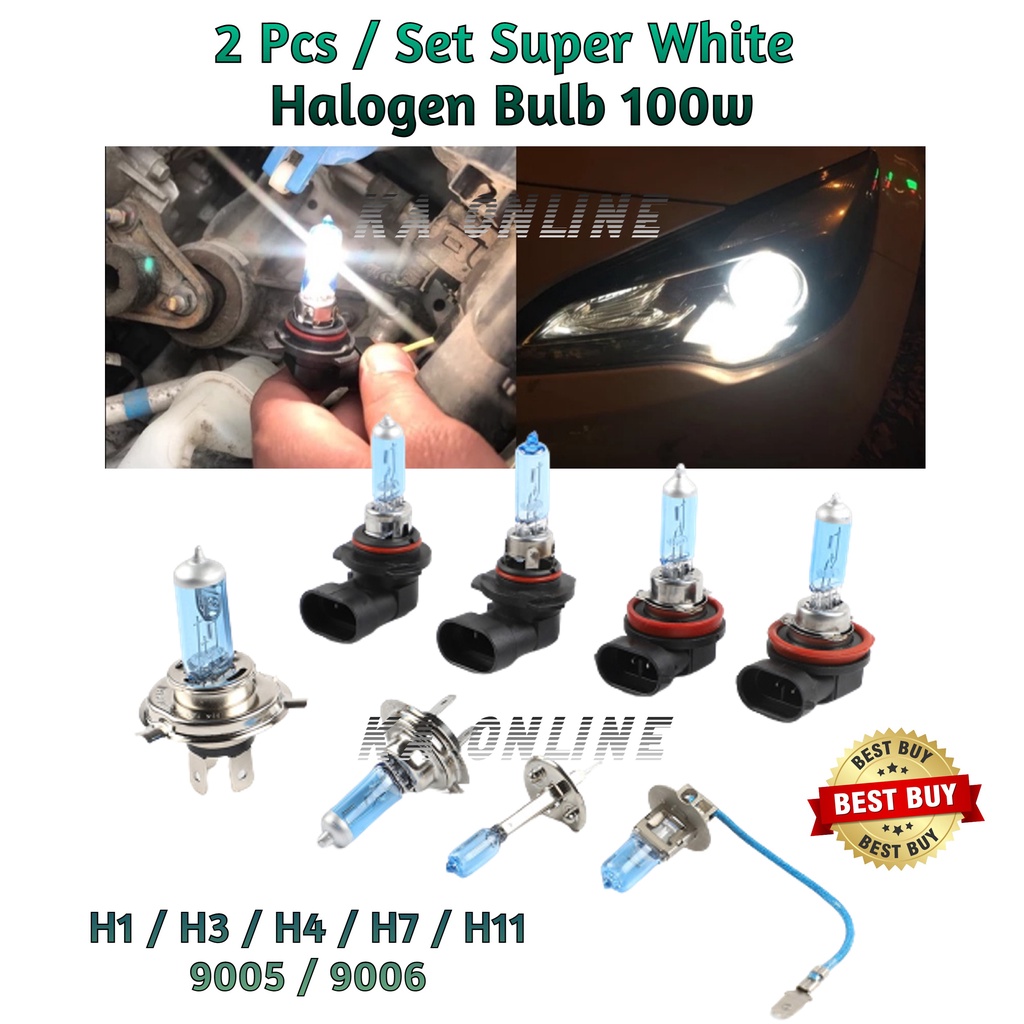 12V NATURAL White Halogen Lamp 2Pcs/Set 100w Car HeadLight/FogLight Bulb H1/H3/H4/H7/H8/H11/9005 ...