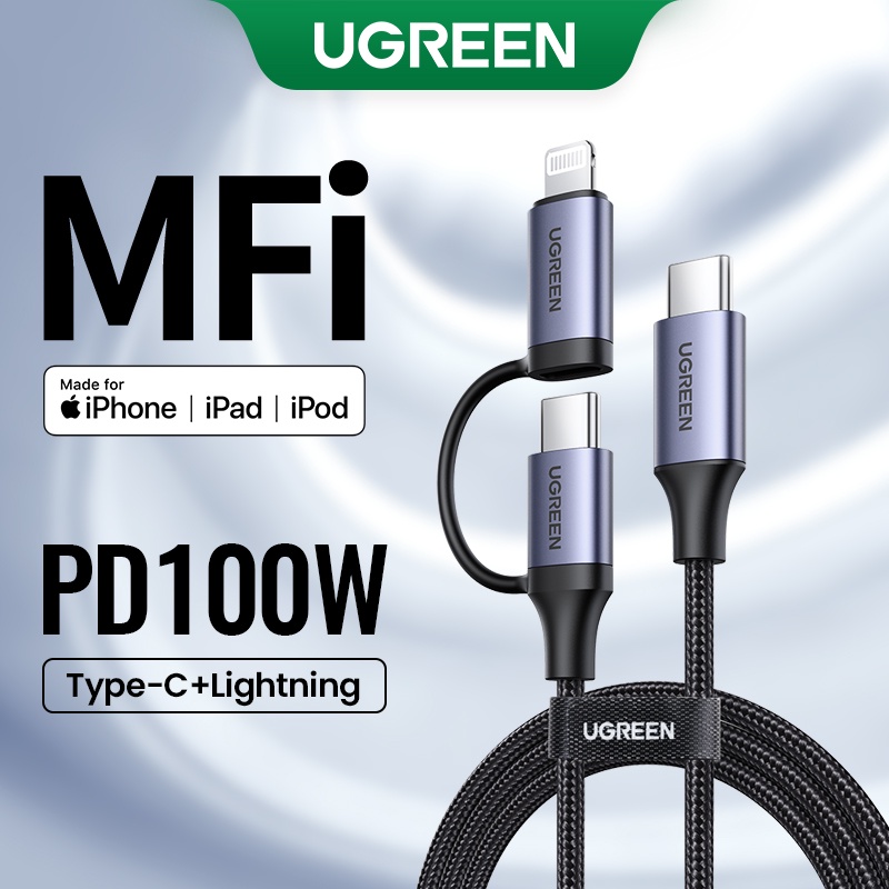 UGREEN 2-IN-1 PD100W Fast Charging Cord With Type-C Lightning Plug MFi ...