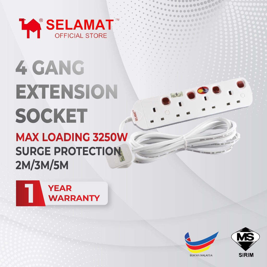 Selamat 4 Gang Surge Protection Extension Socket/Trailing Socket (2M/3M ...