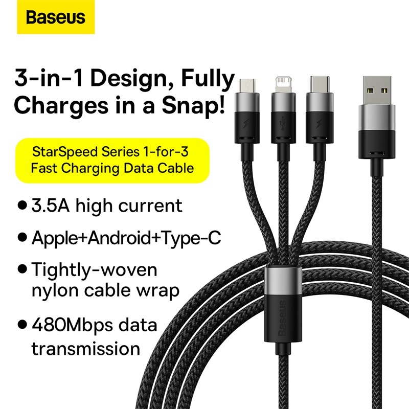 Baseus 3 in 1 USB C Cable for iPhone 14 13 12 Pro 11 3.5A Charger Cable ...