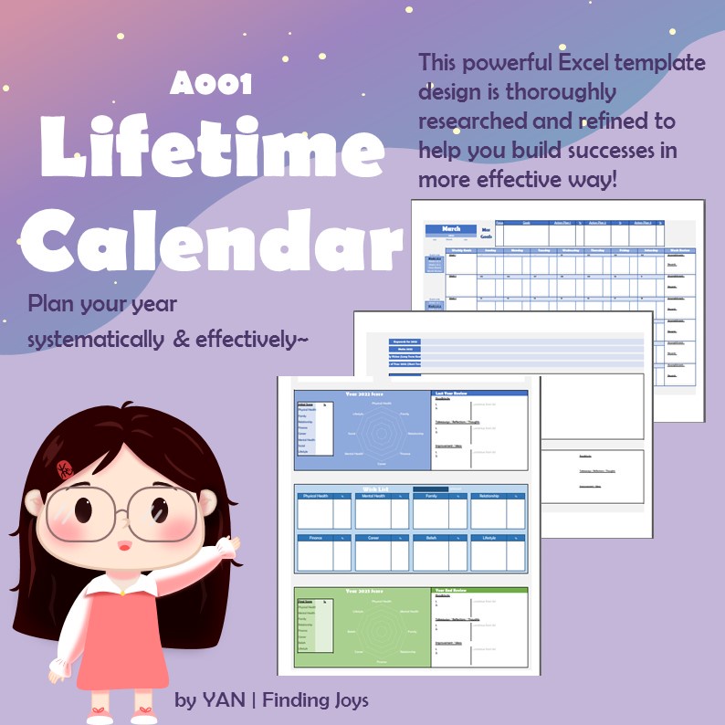 A001 Lifetime Calendar-EXCEL- formal type Yearly Monthly Weekly Daily ...