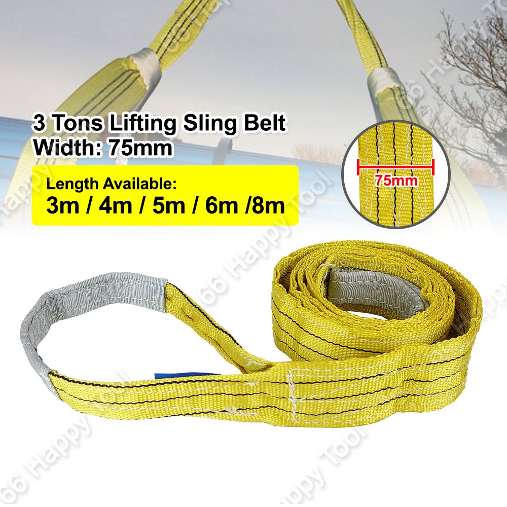 3 Tons Webbing Lifting Sling Belt (75mm) Heavy Duty 3m 4m 5m 6m 8m Sturdy Polyester Strap Double ...