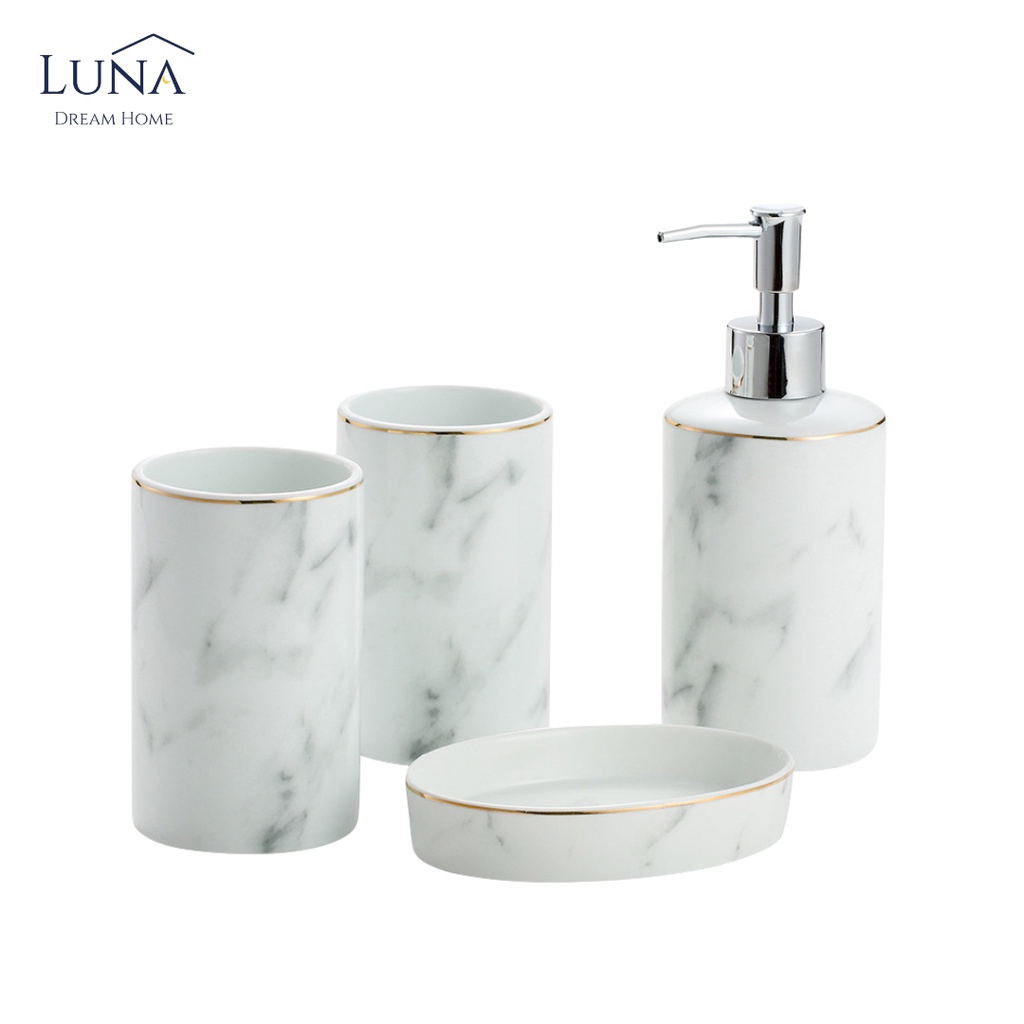 LUNA [Rare Marble Bath Accessories Set] 4 in 1 Ins Marble Ceramic ...