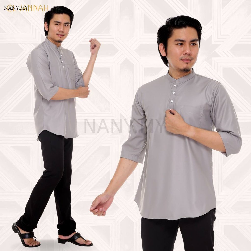 BAJU KURTA LELAKI DEWASA COTTON LENGAN TIGA SUKU CEKAK MUSANG SILVER ...