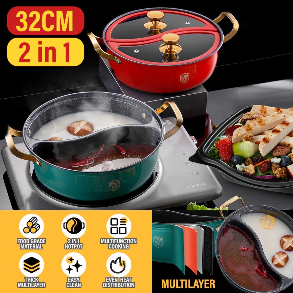 🇲🇾🐻32CM 2in1 Nonstick Kitchen Mandarin Duck Hotpot Maifan Stone Coating Stainless Steel 304 ...