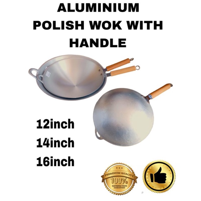 Aluminium Kuali tangkai 12inch-16inch /Aluminium Polish wok with wood ...