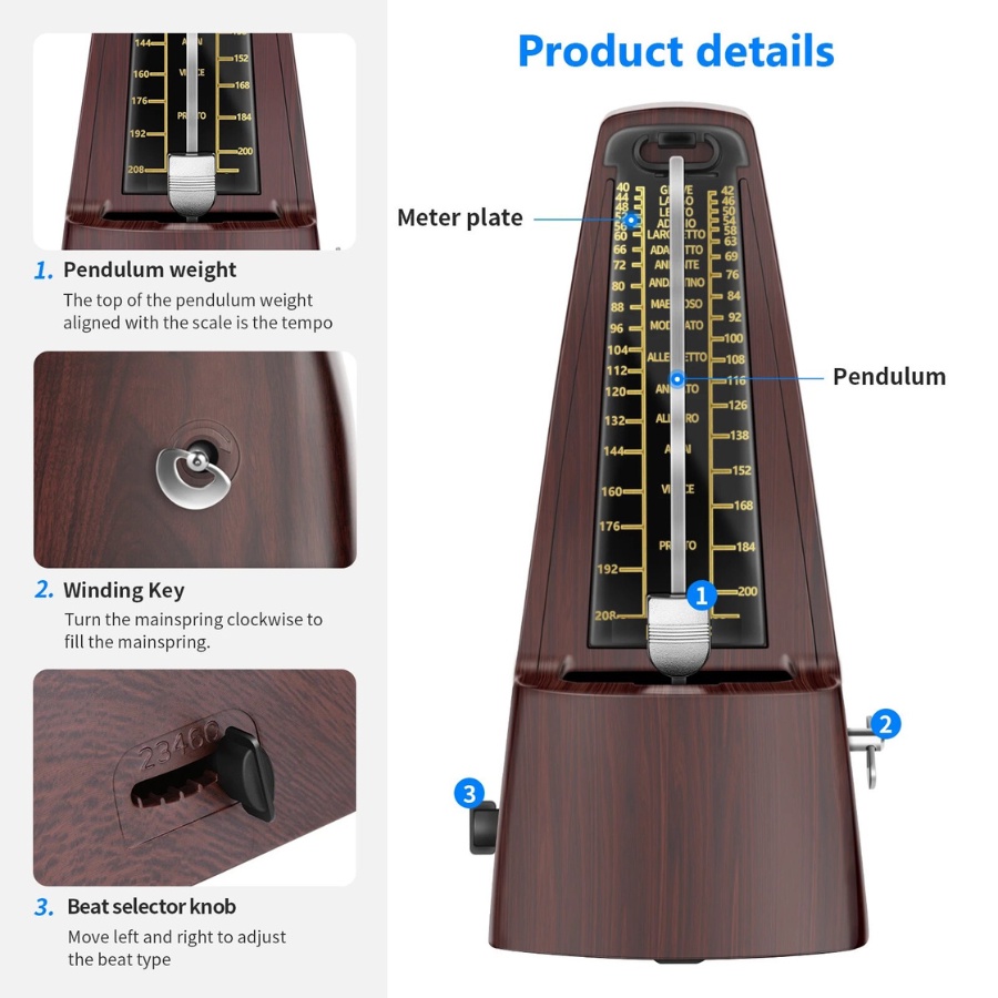 TB401 Square Wind up Mechanical Metronome Accurate Timing and Tempo for ...