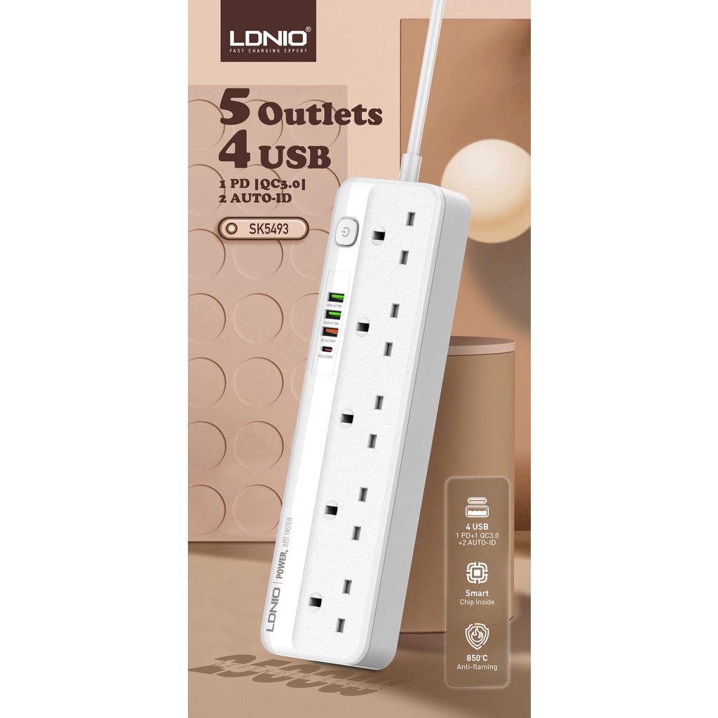 LDNIO SK5493 Multi-Function Power Strip 5 POWER SOCKET with PD 20W+QC ...