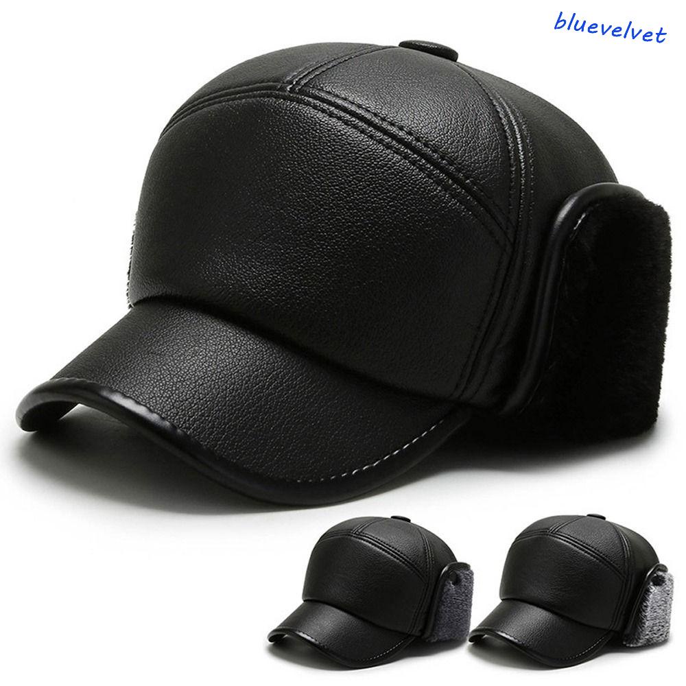 BLUEVELVET Men Bomber Hats Outdoors Baseball Cap Plush Winter Pilot Caps PU Leather Windbreak ...