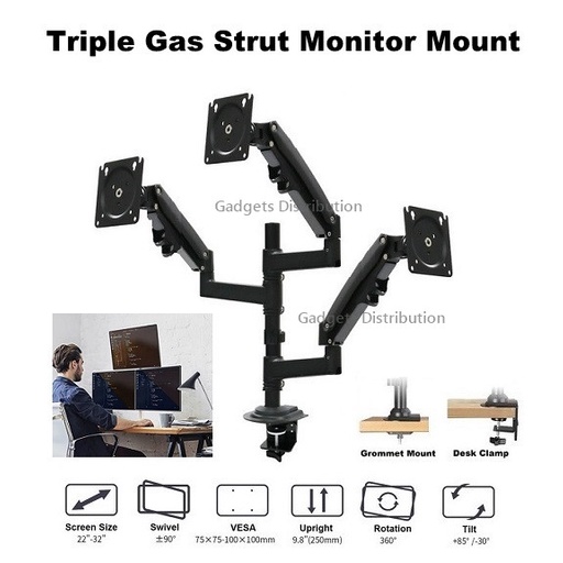 SM P43-3G 22 - 32 inch 3 Triple Three 3 in 1 Gas Strut TV Arm Monitor ...