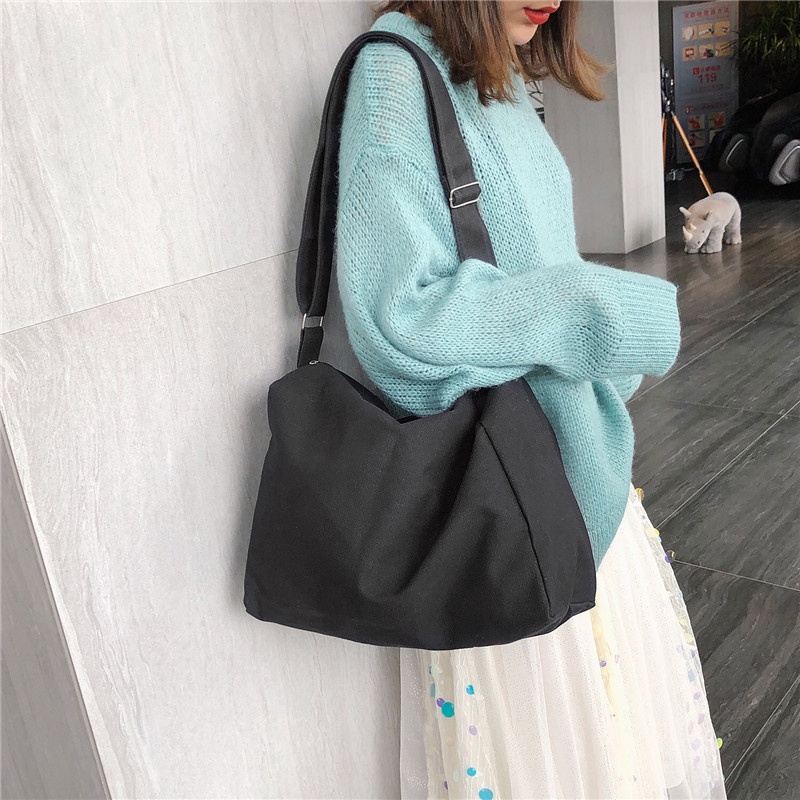 SB-028 Japan Harajuku Style Lazy Unisex Solid Color Canvas Shoulder Messenger Bag / Large ...