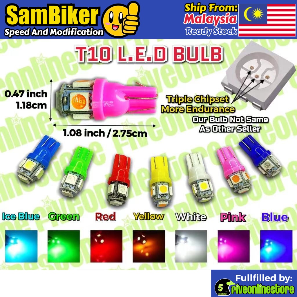 TRIPLE CHIP Car & Motorcycle T10 LED 5smd Lampu LED Kereta Motor Car ...