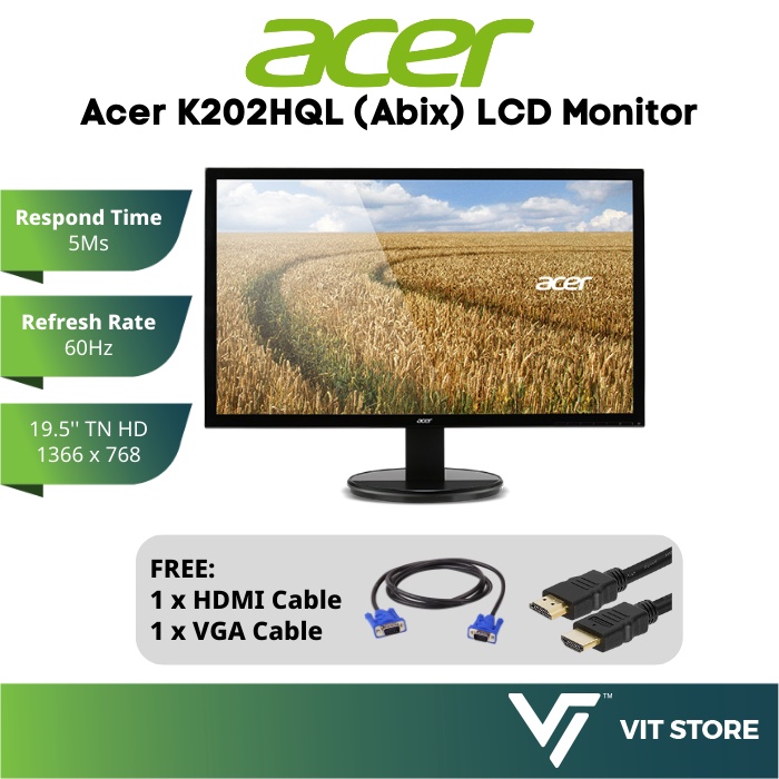 Acer K202HQL LED Monitor 19.5" HD (Abix) (TN, HD Display, 1600x900 ...