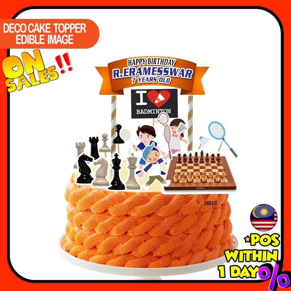 [CUSTOM NAME] Happy Birthday Cake Topper badminton mix chess Decoration ...