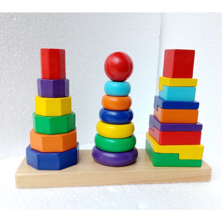 Rainbow tower wooden toy with 7 colors and 3 piles for children to ...