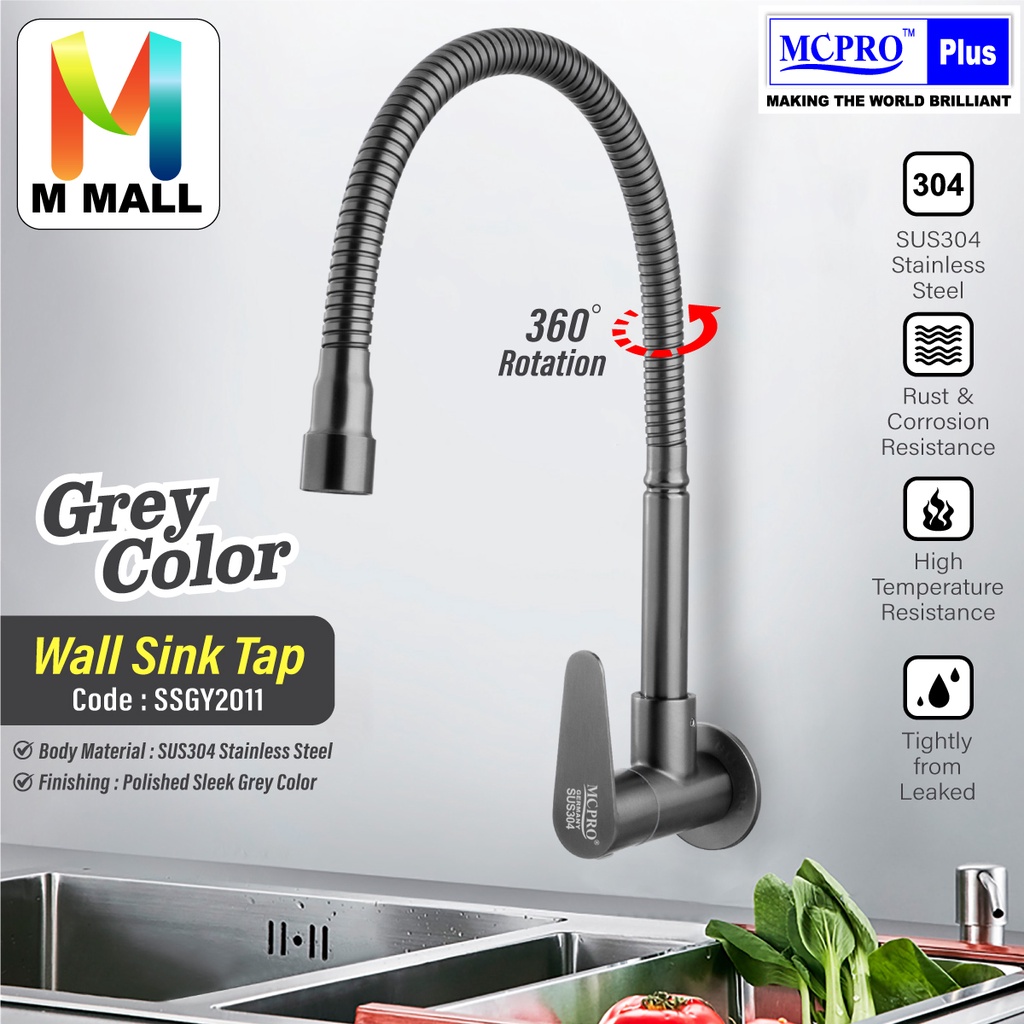 MCPRO SUS304 Stainless Steel Faucet GUN GREY Flexible WALL/PILLAR Sink ...