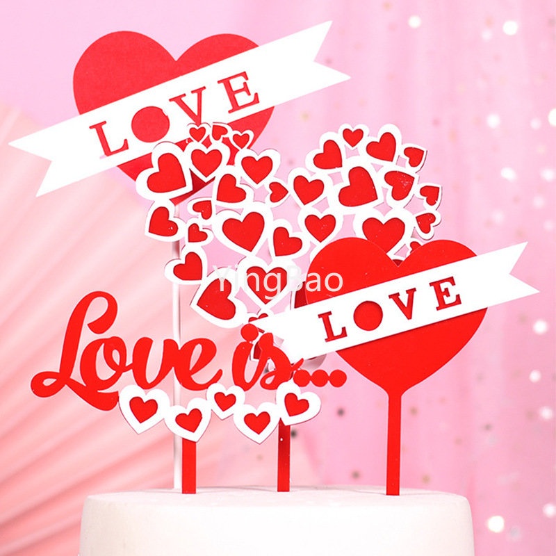 Red Happy Valentine's Day Cake Topper Love Heart Shape Cake Decoration ...