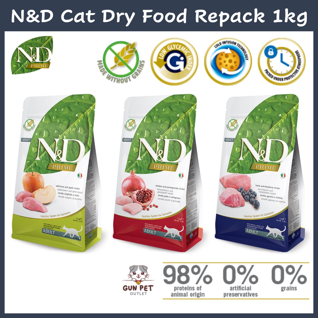 GUN PET N&D Prime Cat Dry Food Repack 1kg Grain Free Pet Adult Kitten ...