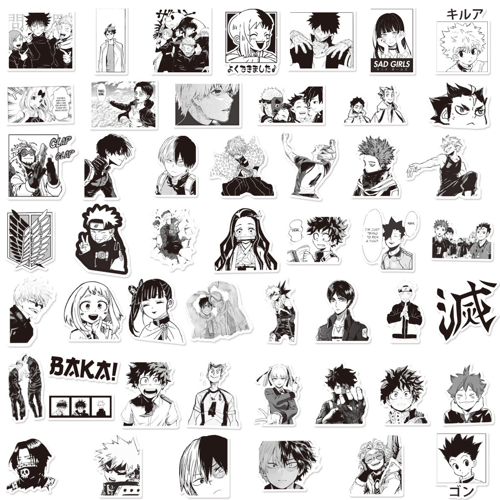 BLACK and WHITE ANIME Series 50 pcs DIY Waterproof Non Repeating ...