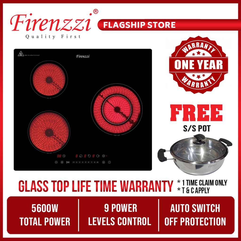 Firenzzi FRR-3299 Three Cooking Zones Ceramic Hob FREE S/S Pot (Bubble ...