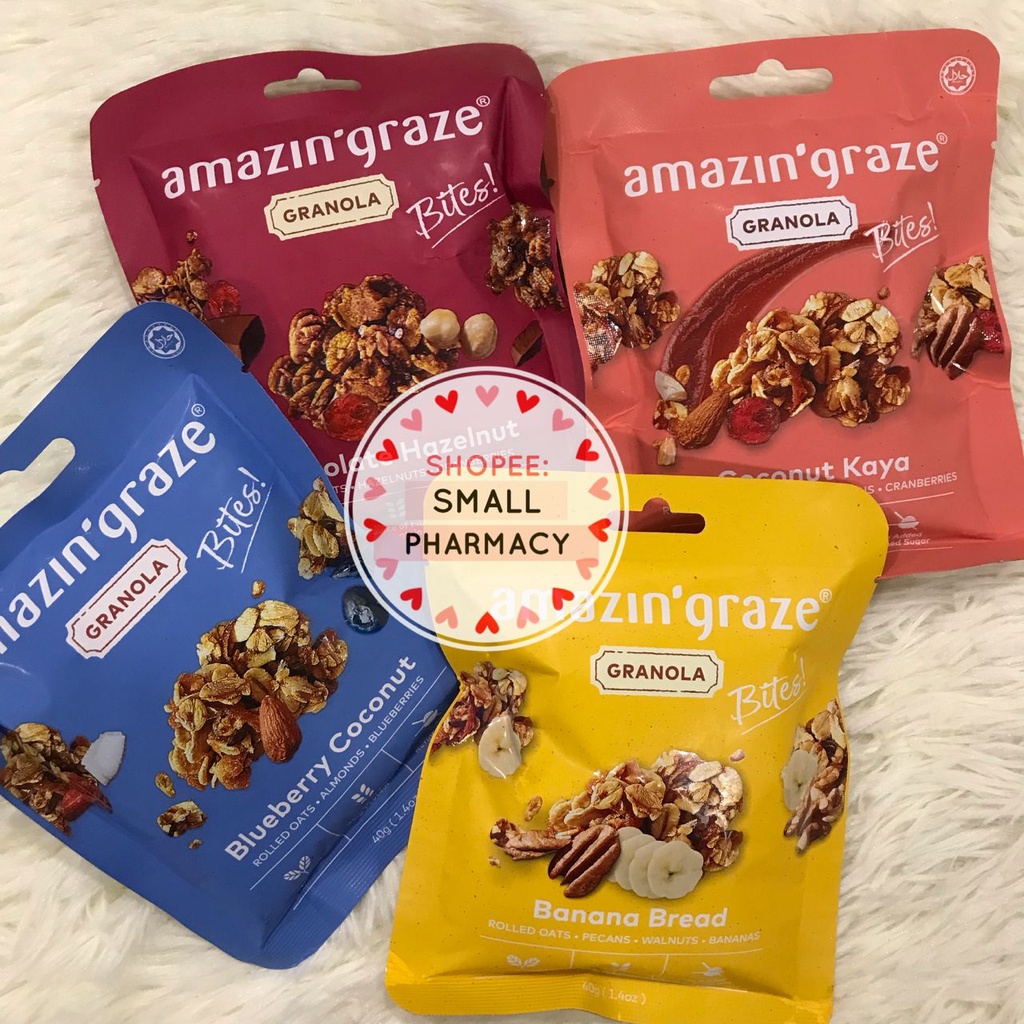Amazin Graze Granola Bites 40g Coconut Kaya Chocolate Hazelnut Blueberry Coconut Banana
