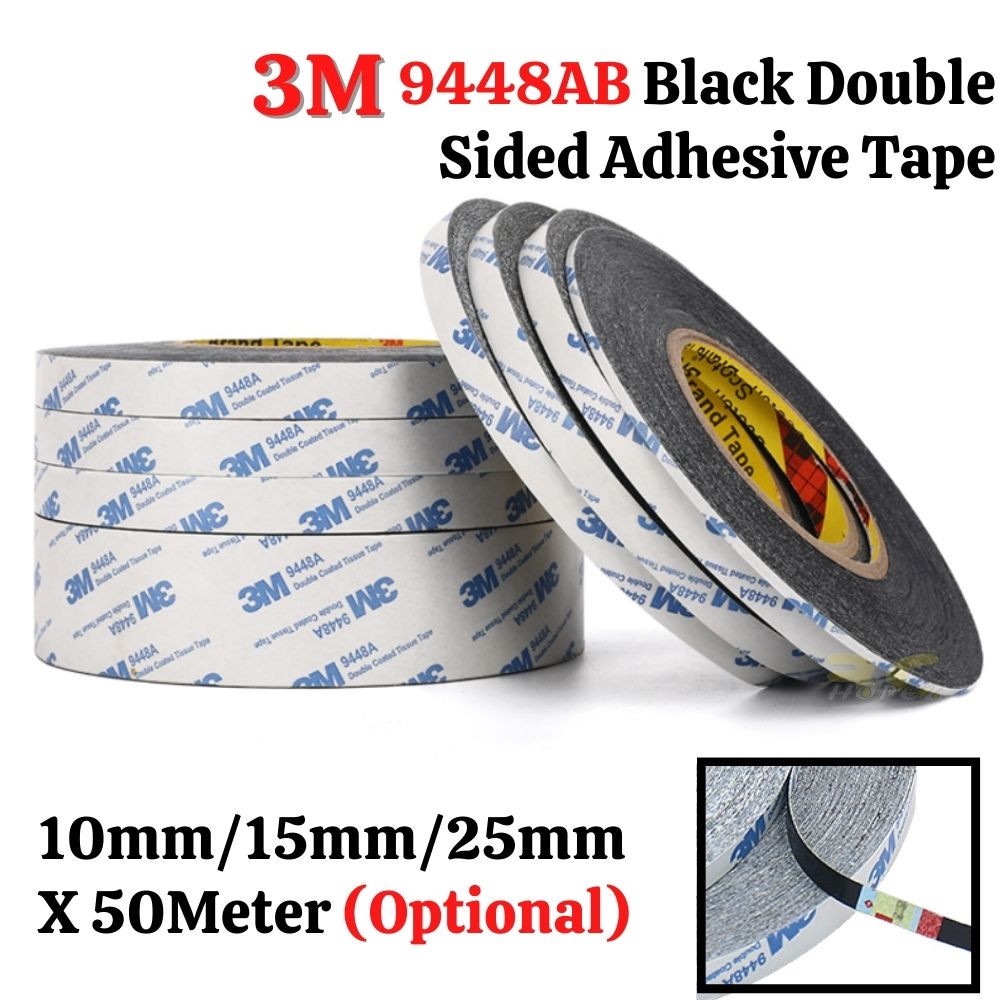 1Pc 3M 9448AB 50 Meter Black Double Sided Adhesive Tape Width 10mm/15mm/25mm (Optional) BG-9448 ...