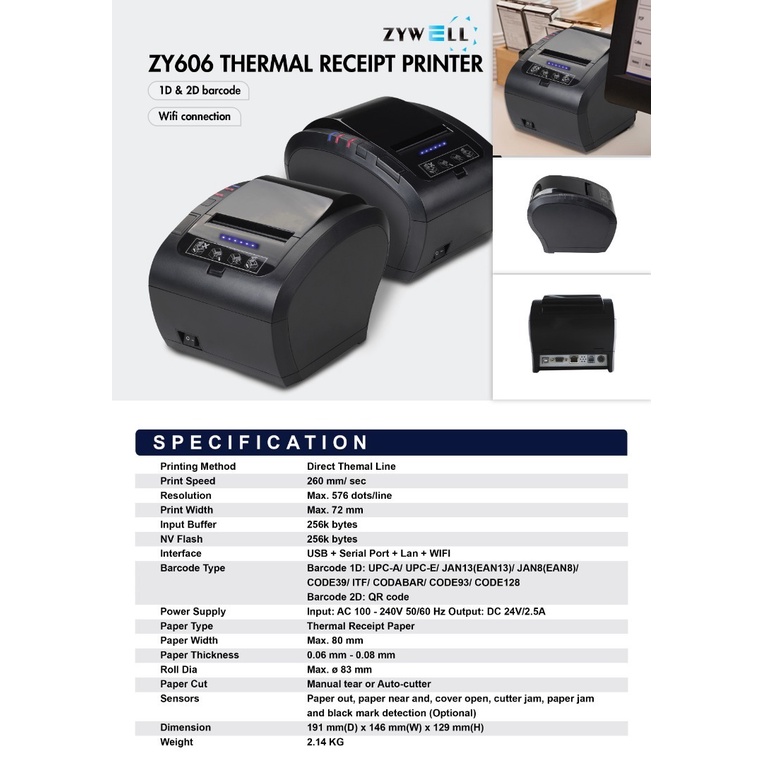 Zywell 606 80mm WiFi Thermal Receipt Printer For Pos System with auto ...