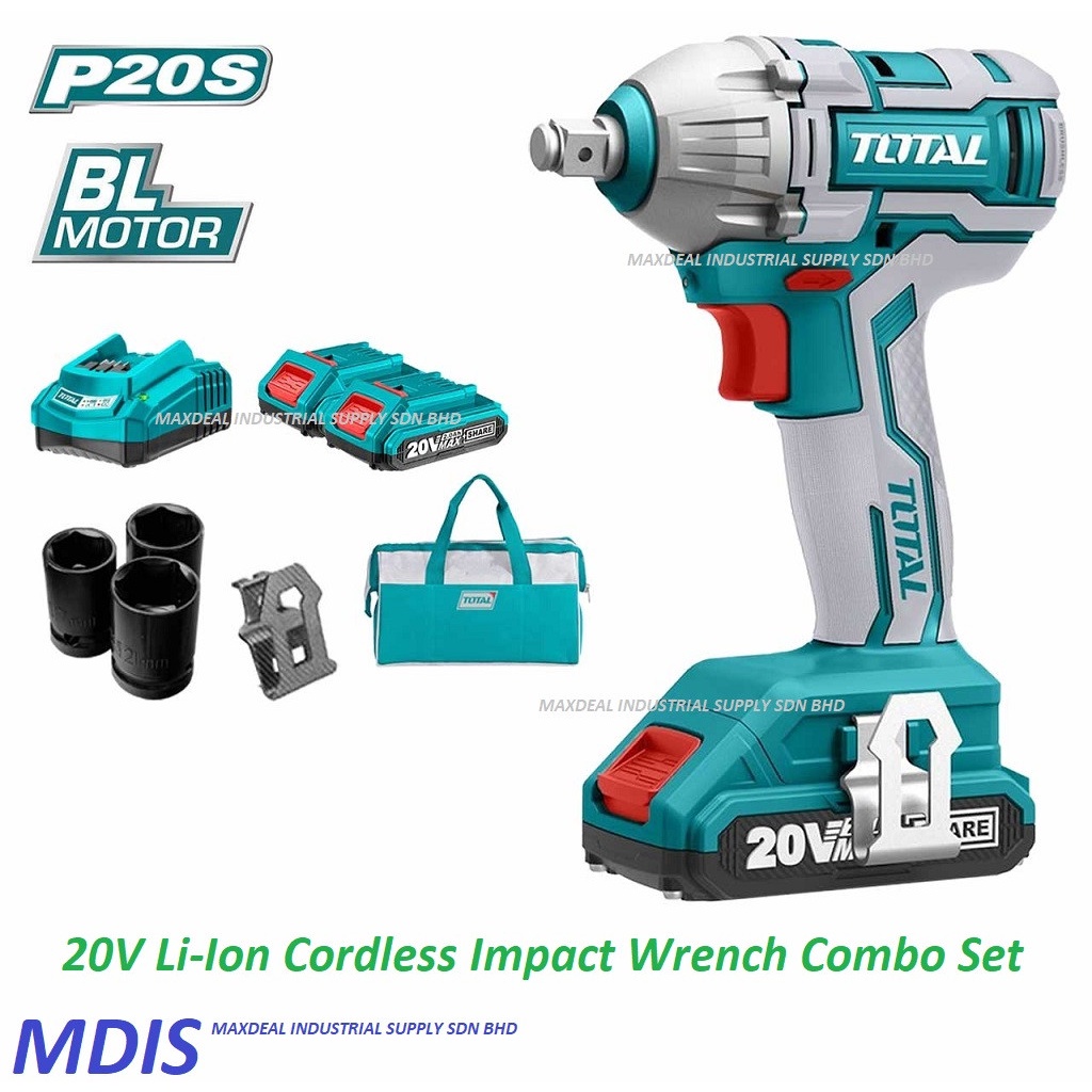 TOTAL TIWLI2001 Li-Ion 20V Cordless Brushless Impact Wrench Combo Set ...