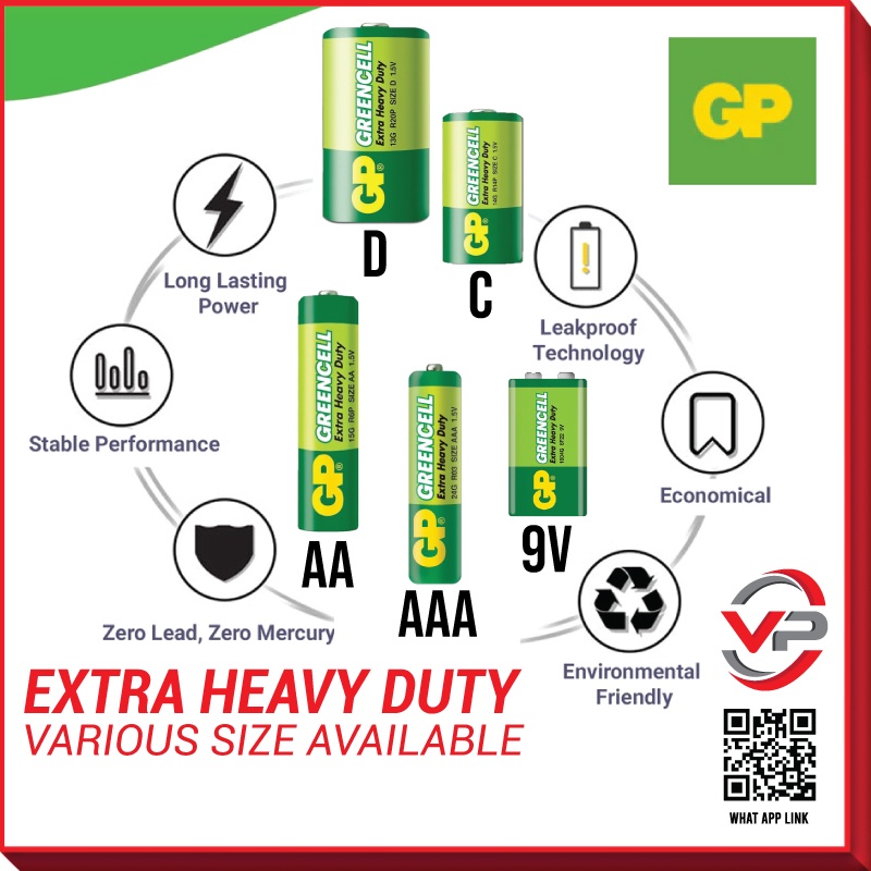 GP Battery GREENCELL Extra Heavy Duty No Lead Size D C AA AAA 9V 2pcs 4 ...