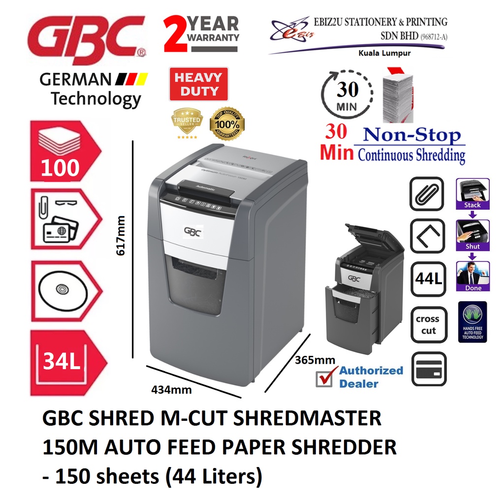 GBC SHRED M-CUT SHREDMASTER 150M AUTO FEED PAPER SHREDDER - 150 sheets ...